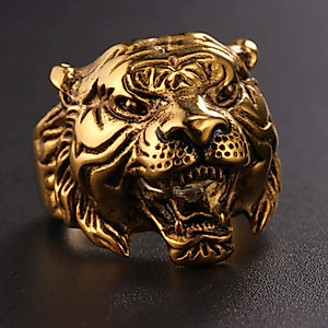 U7 Men's Punk Animal Signet Ring 18K Gold Plated Vintage Enamel Black Retro Tiger Head Ring -Size 13