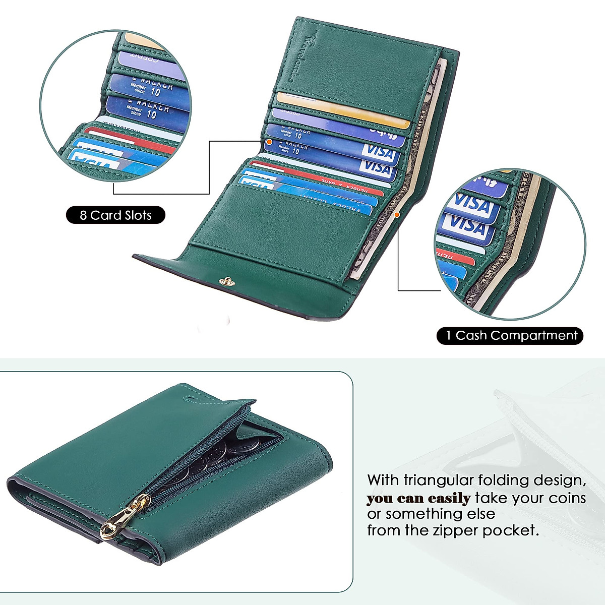 Travelambo RFID Blocking Small Mini Compact Wallet Coin Pouch Holder Trifold Credit Card Holder Pocket Purse for Women (Napa Green)