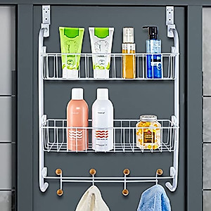 Over Door Organizer Wall Mounted Sturdy 2-tier Bathroom Storage Baskets with 8pcs Towel Wood Hooks Decor Pantry Kitchen Spice Back Hanging Metal Rack Closet Shelving Organizers , 17.5" (W) X 25" (H)