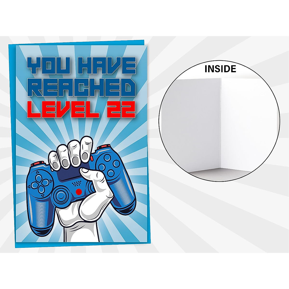 22nd Birthday Card, You Have Reached Level 22, Greeting Card for Twenty-Two Year Old Gamer Birthday Gift for Adult Son or Daughter, For Him Her Grandson Granddaughter, Blue
