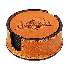 Leather Coasters for Drinks Set of 6 with Holder-Protect Your Furniture from Stains (Walnut)