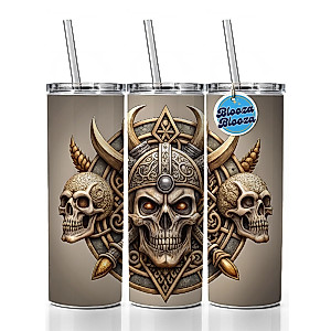 Norse Viking Symbols With Skulls Skinny Tumbler 20oz with Straw Insulated Water Bottle Gift
