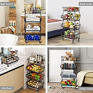 Loyaltaling Utility Cart, Kitchen Storage Cart Fruit Vegetable Storage Basket for Kitchen 4 Tier Stackable Metal Wire Baskets Cart with Rolling Wheels Utility Fruits Rack Produce Snack Organizer Bins