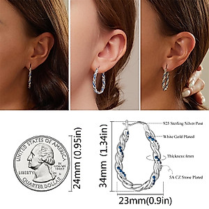 White Gold Plated Oval Hoop Earrings for Women 925 Sterling Silver Post Twist Hoop Earrings with Blue Cubic Zirconia Hypoallergenic Lightweight Earrings Jewelry Gifts