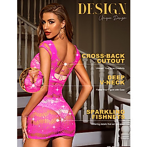 RSLOVE Women Fishnet Babydoll Lingerie Lace Chemise Sparkle Rhinestone V Neck Mini Teddy Dress Pink