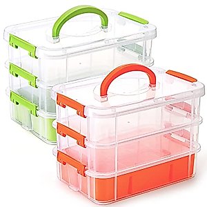 Yesland 3 Layer Stack & Carry Box Set of 2, Small Plastic Dividing Storage Box with Removable Tray Arts and Crafts Organizer Storage Container Portable Sewing Box for Sewing, Green and Orange