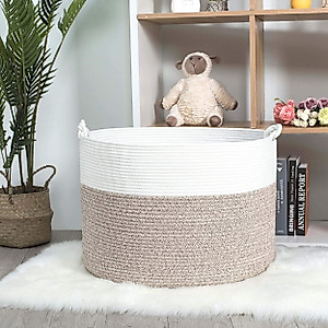 MINTWOOD Design Extra Large 22 x16 Inches Decorative Woven Cotton Rope Blanket Storage Basket Bin Living Room and Laundry Hamper for Pillows, Pool Towels, Dog Toys, Shoes, Light Brown