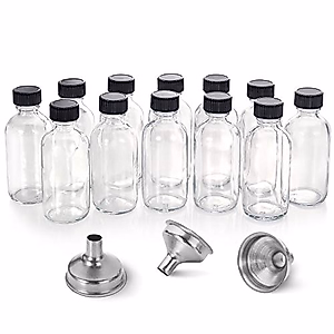 12 Pack, 2 oz Small Clear Glass Bottles with Lids & 3 Stainless Steel Funnels - 60ml Boston Round Sample Bottles for Potion, Juice, Ginger Shots, Oils, Whiskey, Liquids - Mini Travel Bottles, NO Leakage