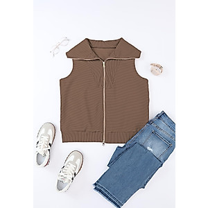 Viottiset Women's Ribbed Full Zip Lapel Collar Sleeveless Sweatshirt Sweater Vest Fall Casual Top Brown M