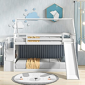 DEYOBED Twin Over Twin Wooden Bunk Bed with Slide and Storage Staircase for Kids Adults