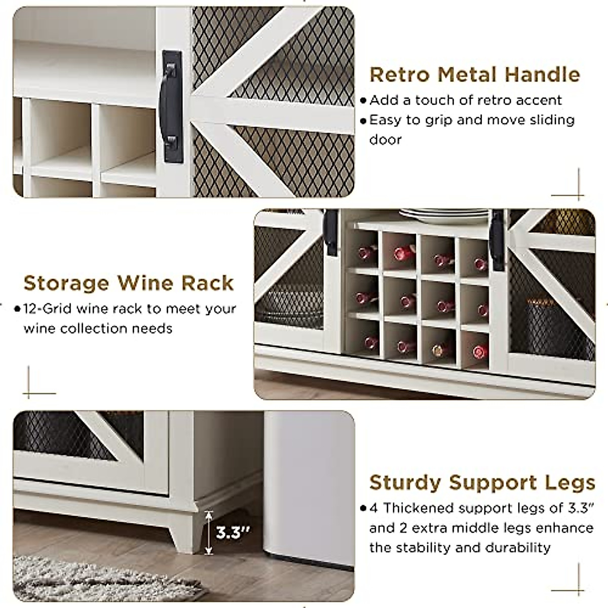 OKD Coffee Bar Cabinet with Storage, 55" Farmhouse Kitchen Buffet Sideboard w/Sliding Barn Door & Adjustable Shelves, Home Liquor Cabinet w/LED Lights & Wine Racks for Dining Room, Antique White