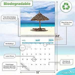 EcoEarth Biodegradable 11x22 Inch (Open) 18-Month Vertical Hanging Wall Calendar, Jul 2023 - Dec 2024 Monthly Calendar, Tropical Beaches