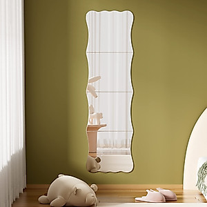 Doeean Wavy Full Length Shatterproof Acrylic Wall Mirror Tiles 47" x 14"(4 Pcs 12"x14"), Non-Glass Safety Body Mirror for Baby Kids Playroom, Frameless Dorm Door Gym