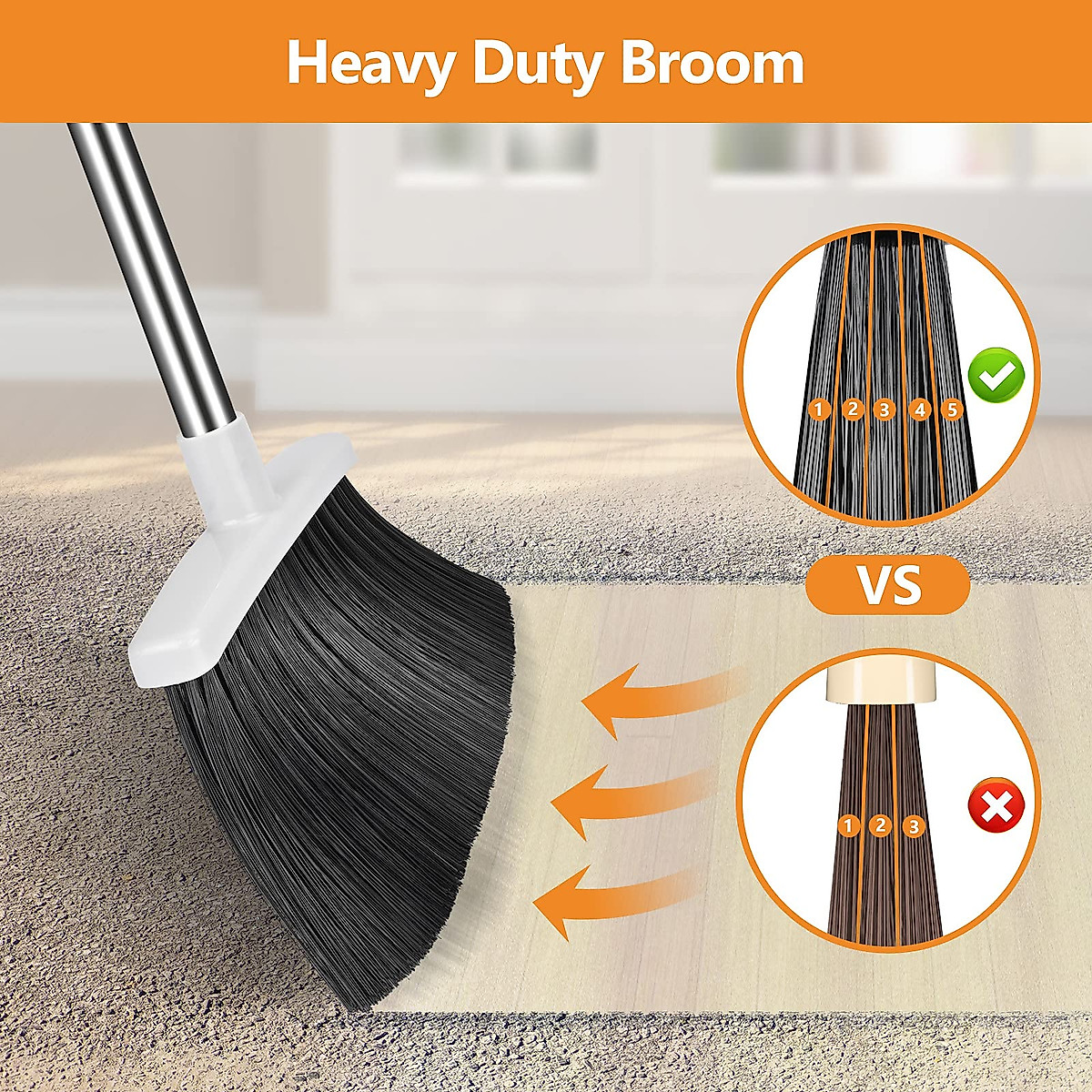 Folews Broom and Dust Pan with Long Handle, Large Broom and Dustpan Set for Home Heavy Duty Broom with Dustpan Combo Set Indoor Outdoor Use Upright Standing Dustpan and Broom Set Lobby Kitchen