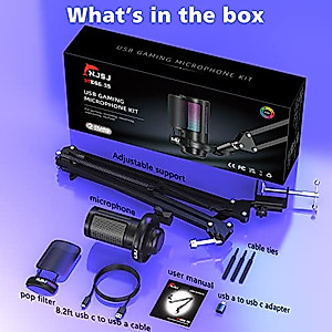 NJSJ USB Gaming Microphone for PC, Condenser Mic with Boom Arm for PS4/ PS5/ Mac/Phone with Touch Mute, RGB Lighting,Gain knob & Monitoring Jack for Streaming,Podcasting,YouTube