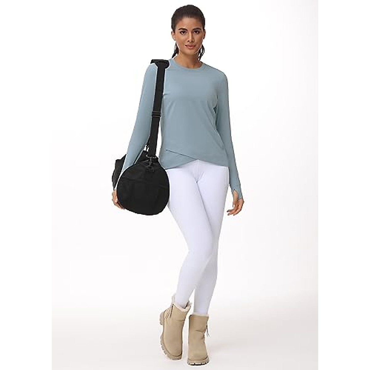 Women's Long Sleeve Compression Shirts Workout Tops Cross Hem Athletic Running Yoga T-Shirts with Thumb Hole Denim Blue