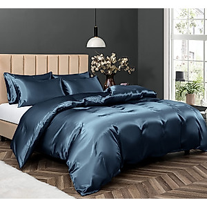 SKS Linen 100% Mulberry Silk Duvet Cover Set - 3-Piece Set - 22 Momme Grade 6A Mulberry Silk - Features Zipper Closure and Corner Ties, Twin 68" x 90"- Navy Blue Solid