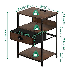 FURWOO Bed Side Table with Charging Station 3-Tier Storage Industrial nightstand with Drawers Good for Bedroom Living Room Rustic Brown