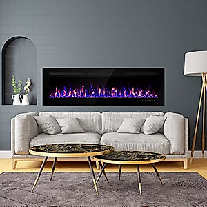 ALPACA 60" Electric Fireplace Recessed and Wall Mounted Linear Fireplace, 750/1500W the Thinnest Fireplace Low Noise Touch Screen with Timer and Remote Control Adjustable Multicolor Flame Color, Black
