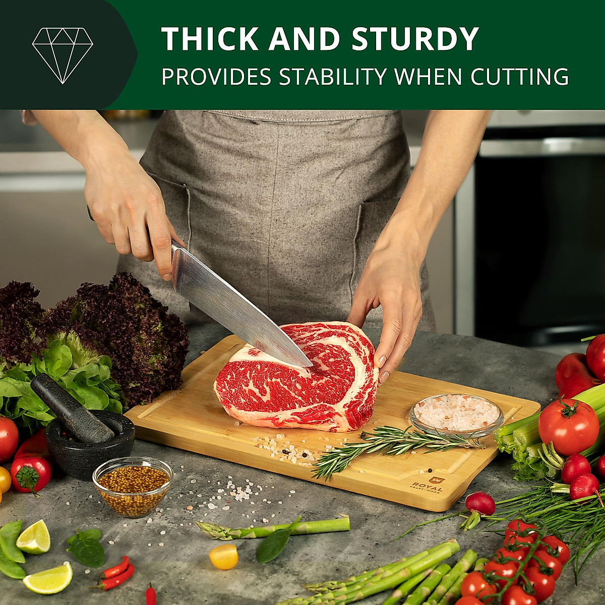 ROYAL CRAFT WOOD Organic Bamboo Cutting Board with Juice Groove - Kitchen Chopping Board for Meat (Butcher Block) Cheese and Vegetables