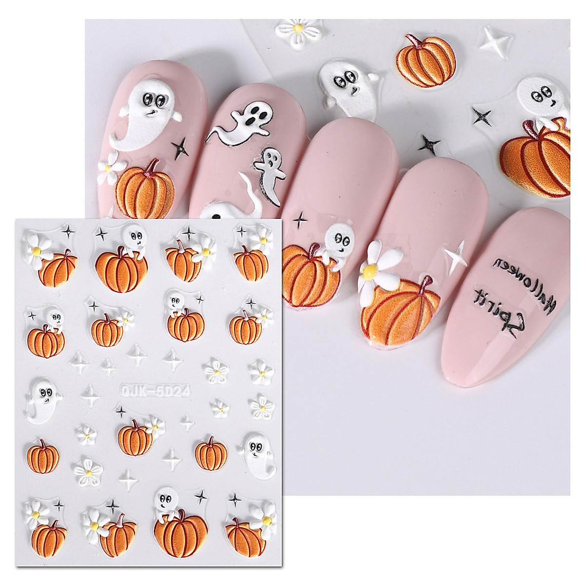 JMEOWIO 3D Embossed Halloween Nail Art Stickers Decals Self-Adhesive Pegatinas Uñas 5D Cute Horror Ghost Spook Nail Supplies Nail Art Design Decoration Accessories 4 Sheets
