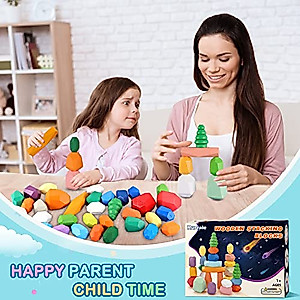 Wooden Stacking Rocks Toys, Montessori Toys for 1 2 3 year old, Stacking toys for toddlers, Sensory Educational Preschool Learning building blocks toys for Kids age 3-5, Birthday Game Gift Boys Girls