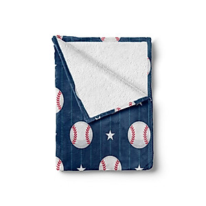 Ambesonne Sports Soft Flannel Fleece Throw Blanket, Baseball Patterns on Vertical Striped Background Stars Design, Cozy Plush for Indoor and Outdoor Use, 50" x 60", Blue Red