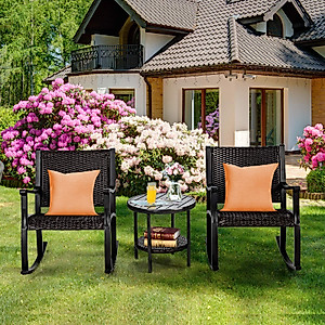 RELAX4LIFE 3-Piece Rocking Bistro Set - PE Wicker Outdoor Rocking Chair Furniture Set w/Side Table and Extra Storage Shelf, Patio Conversation Set for Porch, Balcony Deck