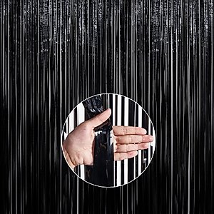 PartyWoo Foil Curtain Black, 2 pcs 3.3x6.6 ft Tinsel Curtains for Birthday Wedding Party Photo Backdrop