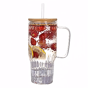 Bandesun 32oz Vintage Glass Cup with Handle with Bamboo Lids and Straws - Borosilicate Glass Tumbler for Hot and Cold drinks