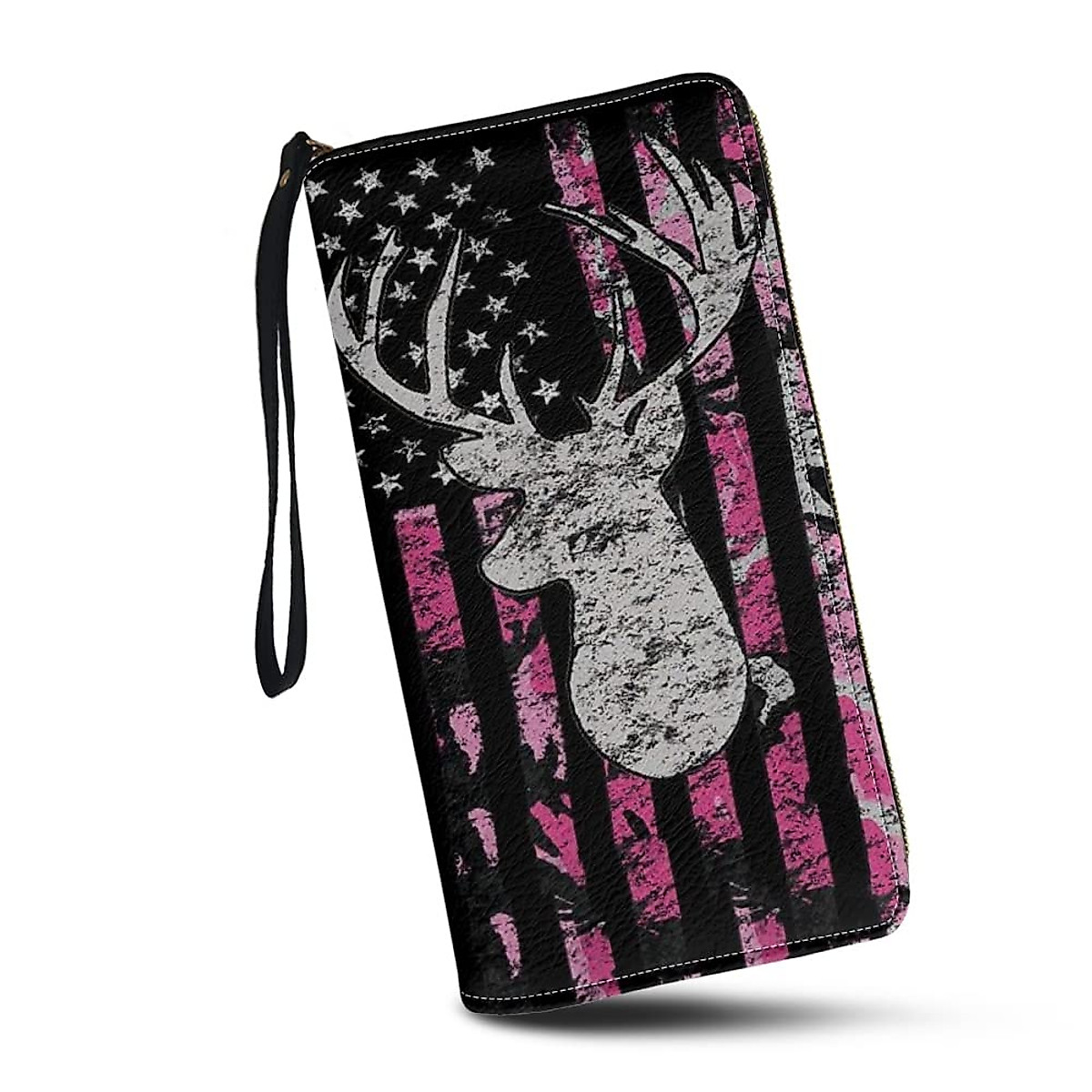 Wideasale Pink Camo Deer Hunting Wallets for Women American Flag Wristlet Leather Long Clutch Purse Zip Around Credit Card Phone Holder Organizer Coin Money Pouch