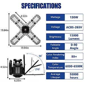 Garage Led Lights 2 Pack, 100W Super Bright LED Garage Lighting, 15000LM, 6500K LED Garage Ceiling Lights with E26/E27 Base, Easy Installation, 8-Leaf Deformable Lights for Garage, Workshop, Warehouse