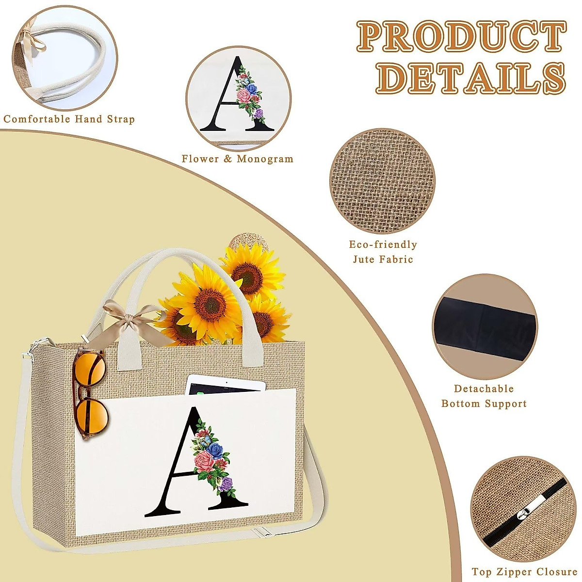 YOOLIFE 21th 30th 40th 50th 60th 70th Birthday Gifts for Women - S Initial Jute Tote Bag with Zipper Beach Bags for Women Mothers Day Graduation Gifts for Her Friend Mom Teacher Bride Wedding Gifts