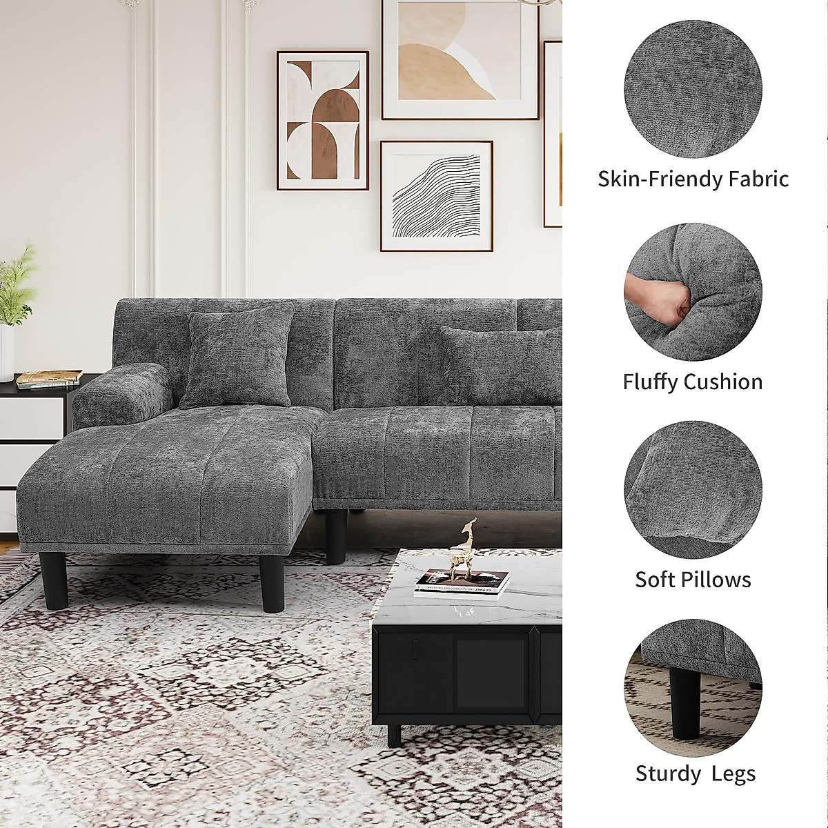 YITAHOME Sectional Couches for Living Room, U Shaped Sofa Chenille Modern Modular Couch with USB & Type C Charging Ports Double Chaise and Comfy Upholstered, Dark Grey