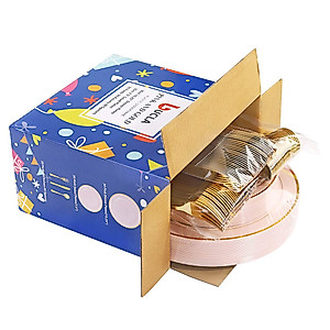 BUCLA 150PCS Pink Plastic Plates With Gold Rim - Pink Plates with Gold Plastic Silverware -Pink Disposable Plates for Easter Party, Bridal Shower, Mother’s Day and wedding