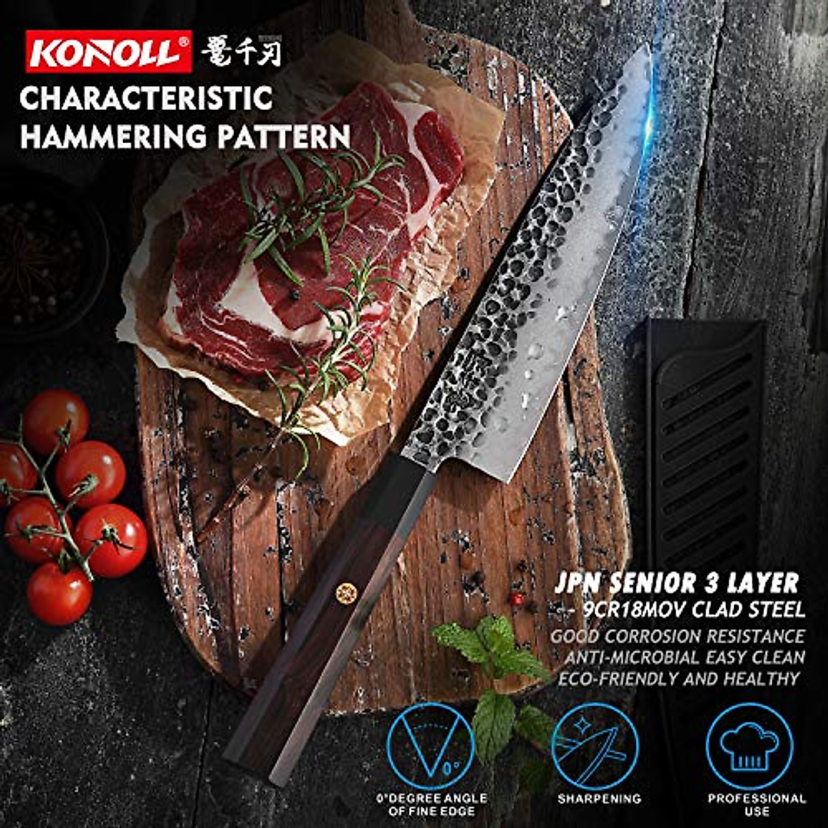 KONOLL 8 Inch Chef Knife 3 layer 9CR18MOV clad steel Forged Handmade, Ebonywood handle Gyuto kitchen Knife (Chef Knife 8-Inch)