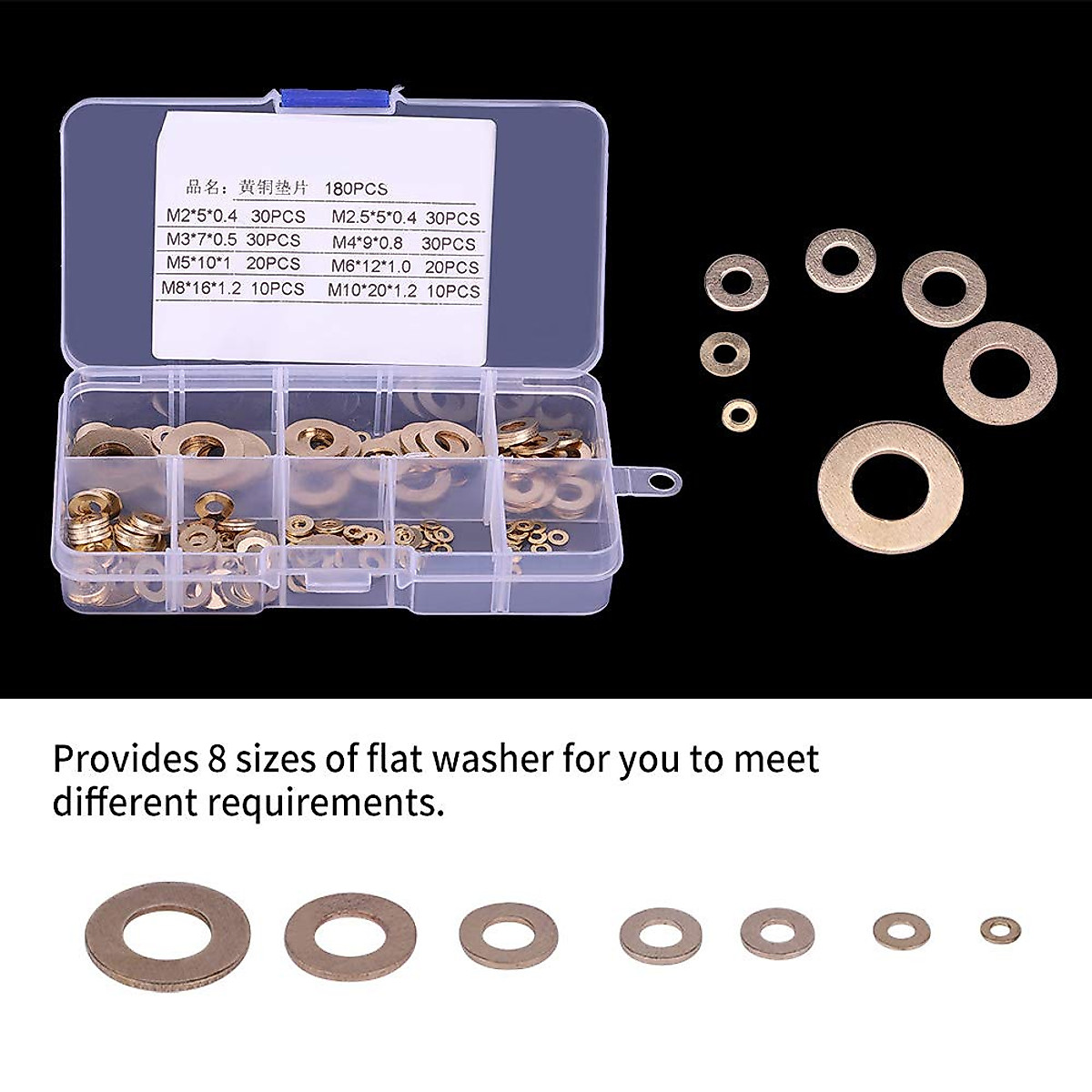 180Pcs Brass Flat Washer Assortment Set with Box M2/M2.5/M3/M4/M5/M6/M8/M10 Metal Washers