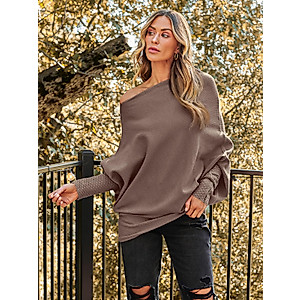 LILLUSORY Womens Batwing Oversized Sweaters Assymetrical Off The Shoulder Boat Neck Wrap Tunic Tops Fall Fashion Cloth Outfit Nutmeg Large