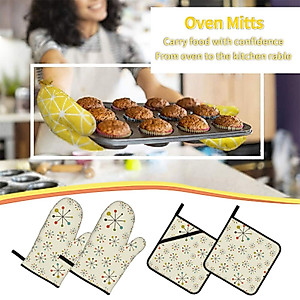 Retro Modern Oven Mitts and Pot Holders Sets, 4 Piece Set, Heat Resistant Polyester Gloves and Pads for Kitchen Cooking Baking Grilling BBQ