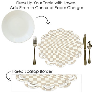 Big Dot of Happiness Tan Checkered Party - Round Table Decorations - Paper Chargers - Place Setting For 12