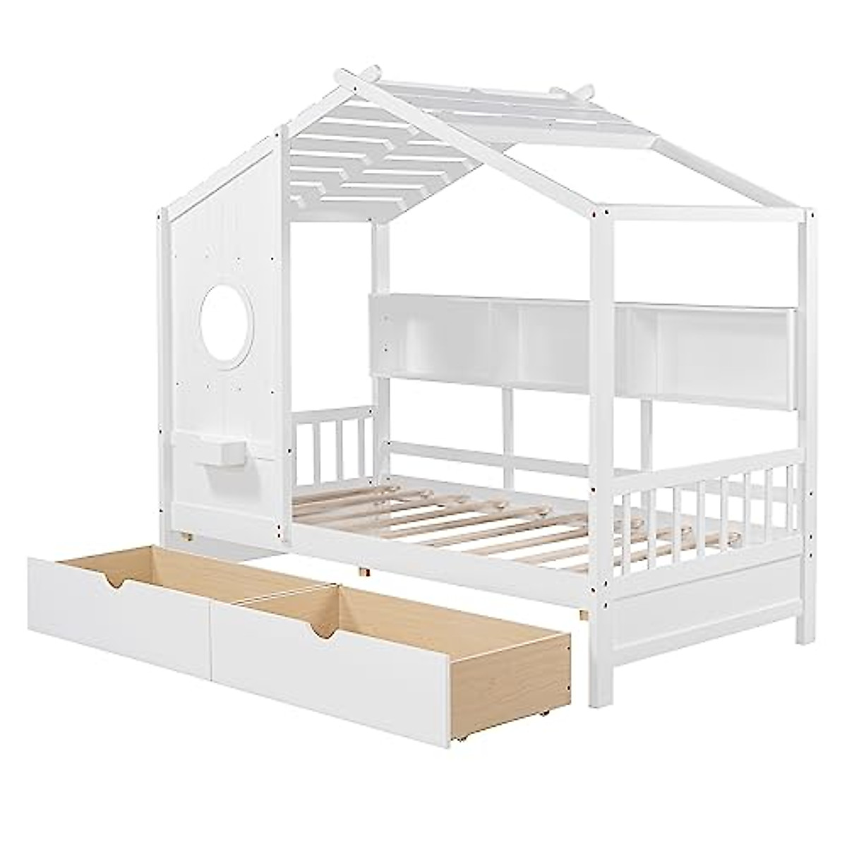 SIYSNKSI Kids House Bed with 2 Drawers and Storage Shelf, Twin Size Daybed Sofa Bed Frame with Roof and Window Design, Playhouse Design Daybed for Boys Girls Bedroom, No Box Spring Needed (White-G1)