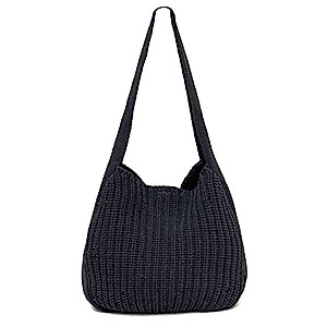Womens Crocheted Hobo Bag Aesthetic Shoulder Knit Crochet Tote bag Knitted Accessory Boho Purse for Ladies Black
