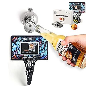GYSH Bottle Opener Wall Mounted,Bottle Cap Collector With Metal Basket Frame And Basket Net,It Is An Ideal Gift For Basketball And Men'S Beer Lovers (black)