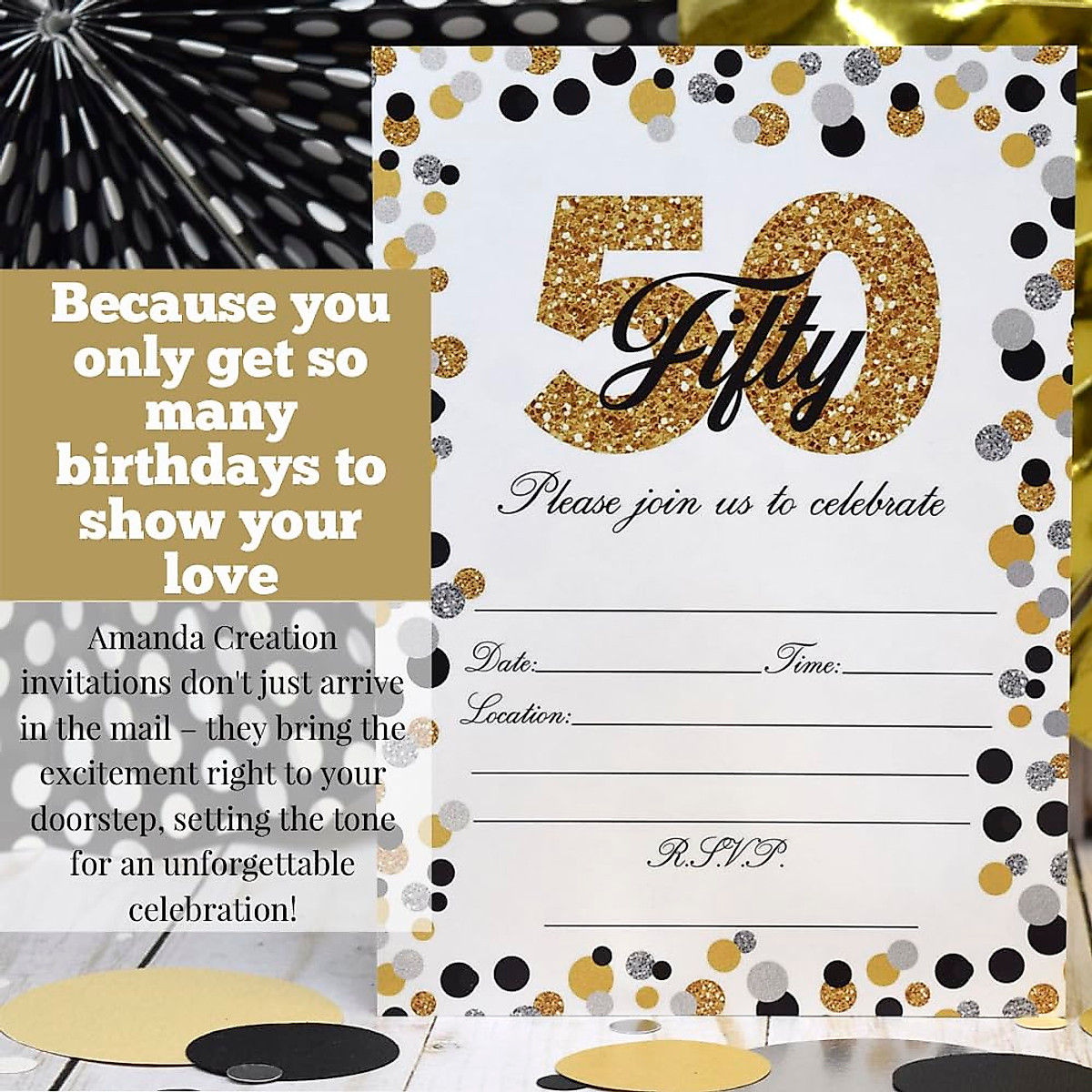 Confetti Polka Dot 50th Birthday Party Invitations, 20 5x7 Fill In Cards with Twenty White Envelopes by AmandaCreation AmandaCreation