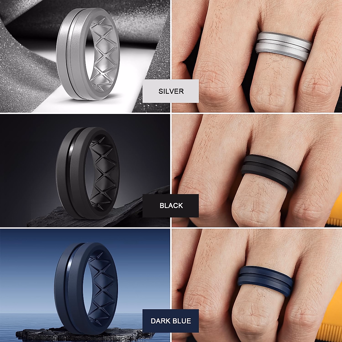 Egnaro Silicone Ring Men 1/4/6 Multipack Breathable Mens Silicone Rubber Bands Wedding Rings for Men Engagement Bands - 8mm Width 2mm Thickness…