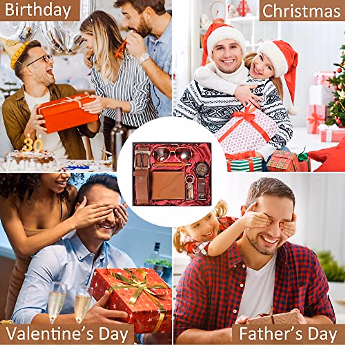 6pcs Men's Gift Set with Box Brown Leather Belt Wallet Watch Glasses Keychain Ballpoint Pen Gifts for Men