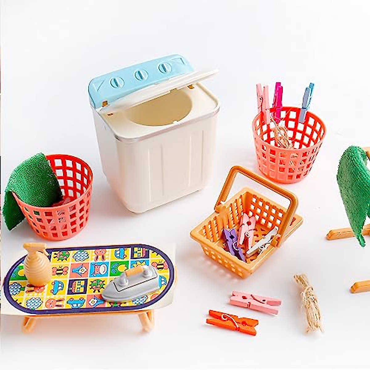 23 Pcs Miniature Laundry Room Furniture Accessories, Mini Washing Machine Drying Rack Iron and Ironing Table Storage Basket Towel Clothes Pins Clips for Mini House Laundry Life Scene Decor