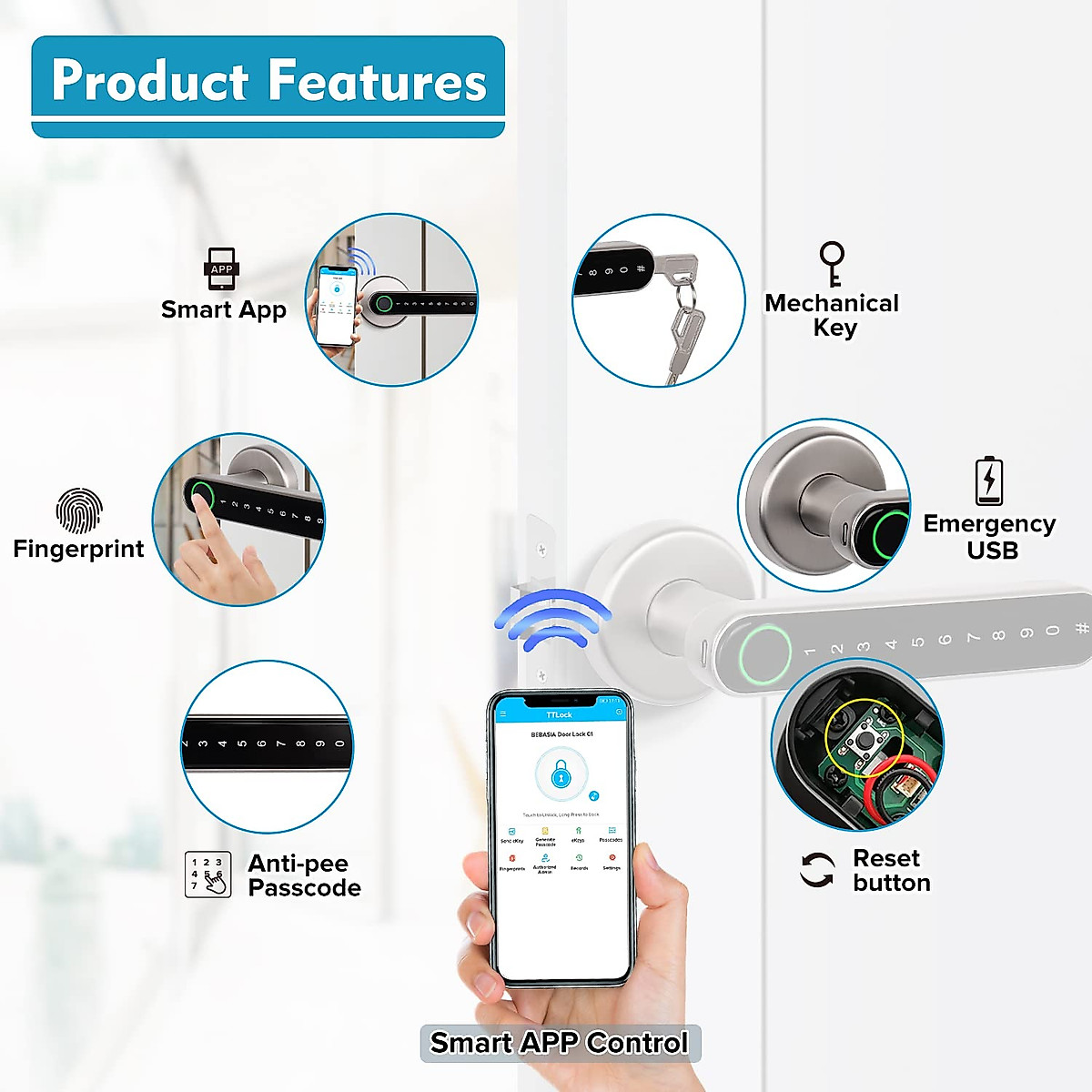 KISSTY Smart Fingerprint Door Lock, Biometric Door Lock, Keyless Entry Door Lock with Handle Fingerprint Door Knobs Door Handle with TTlock APP for Bedroom Home Office Apartment Hotel Brushed Nickel