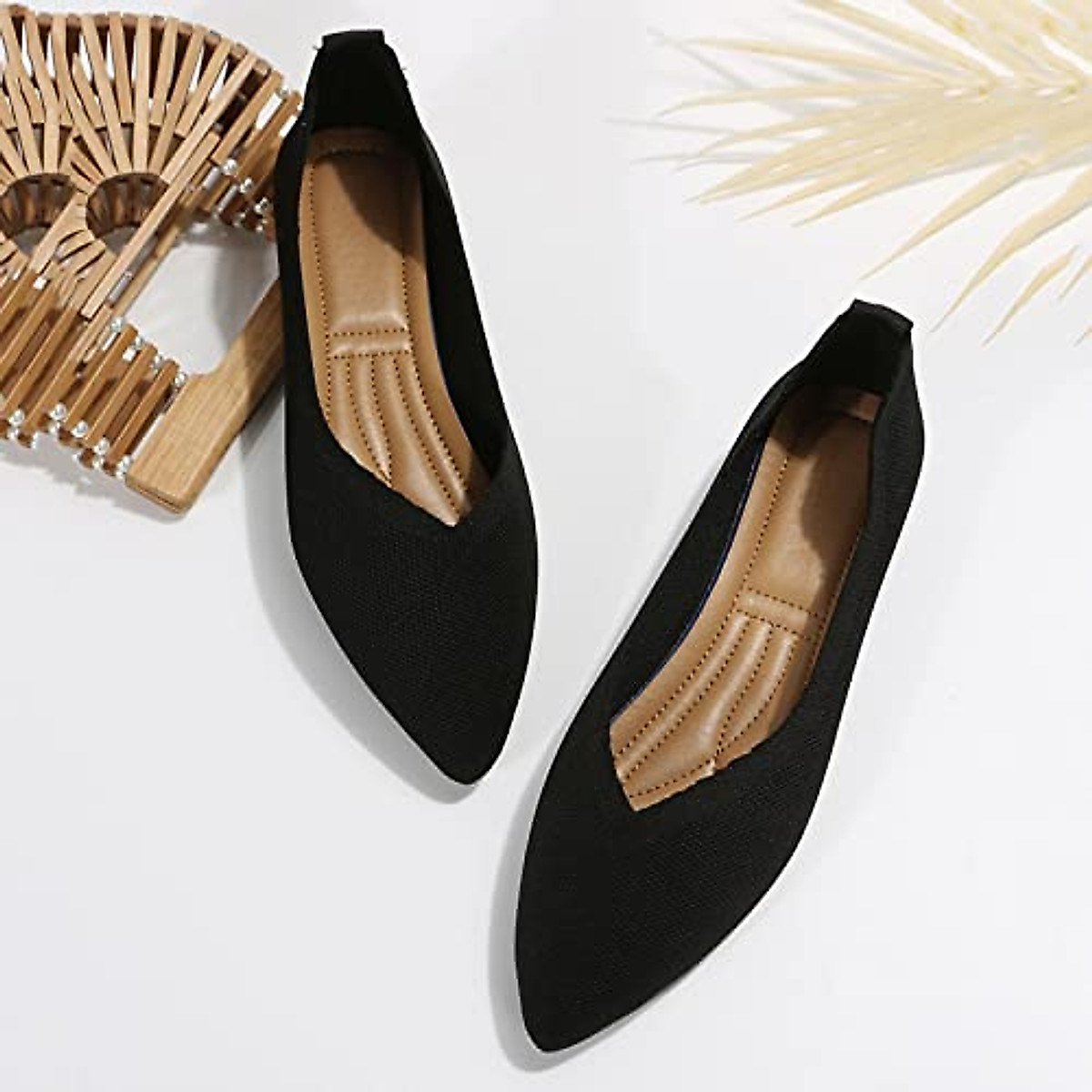 Ladies Fashion Solid Color Breathable Knitted Mesh Pointed Shallow Comfortable Flat Casual Shoes Flat Flip Flops Women (Black, 8)