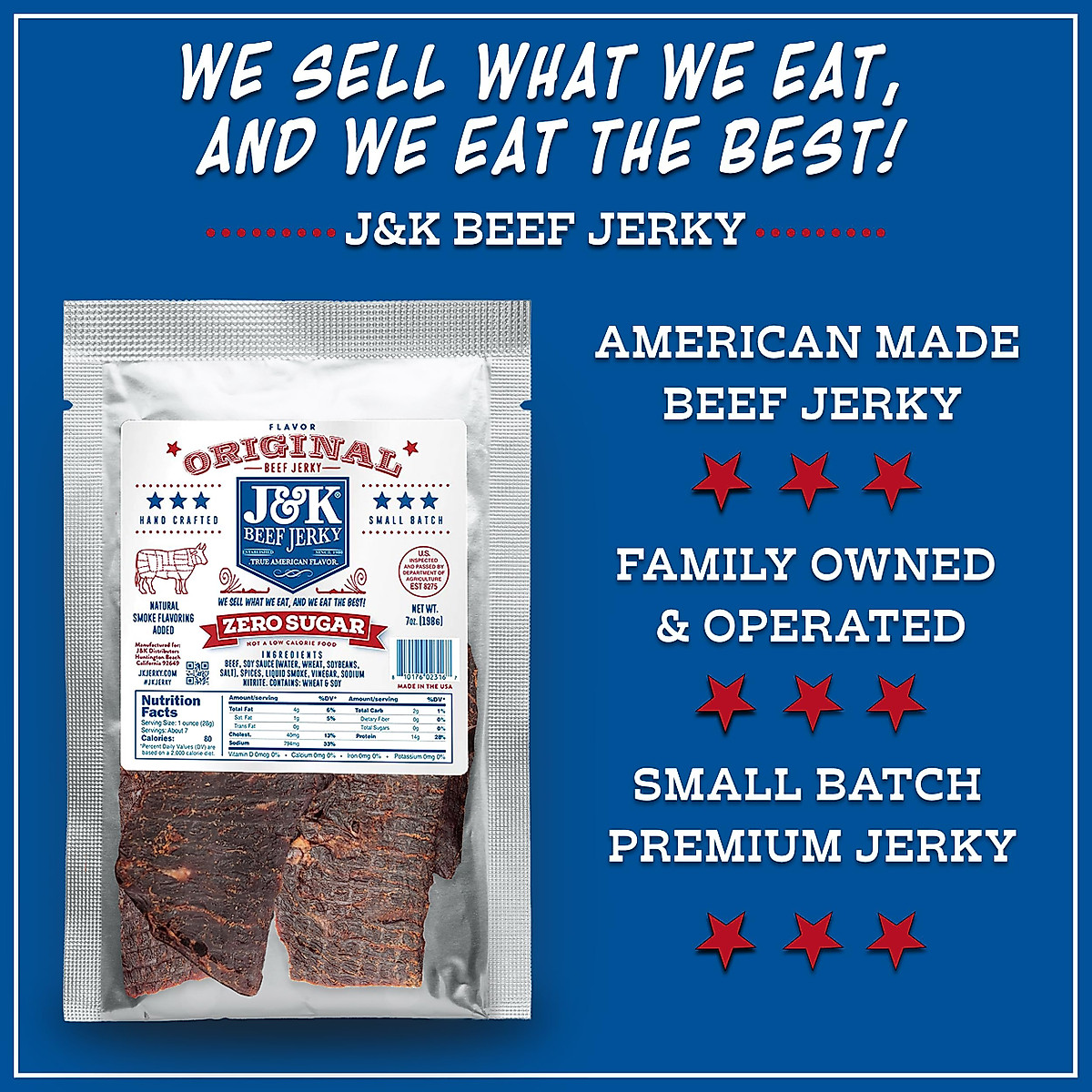 J&K Jerky Sugar-Free Original Beef Jerky - Real Premium Smoked Beef Jerky with Double Tenderness - Paleo & Keto Friendly - 7oz Big Bag of Jerky